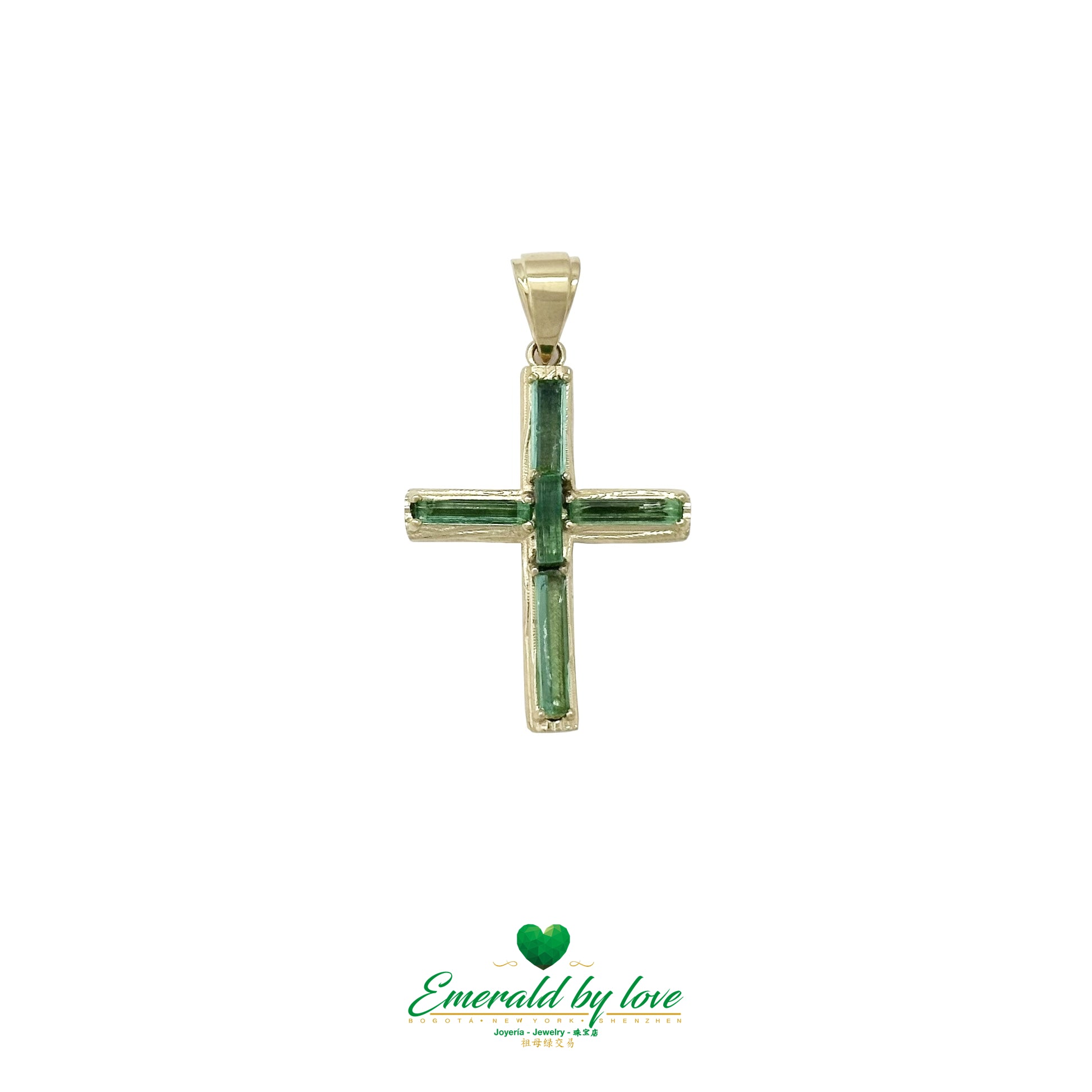 Elongated Cross in 18K Yellow Gold with Emerald Canutillo